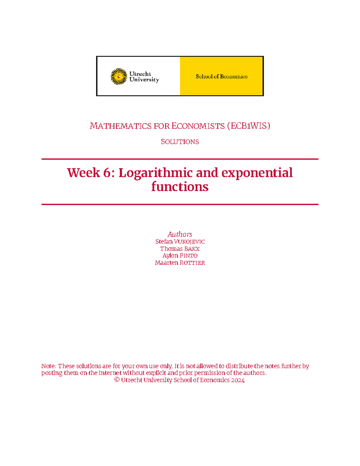 Mathematics for Economists (ECB1WIS) Week 6 Solutions: Logarithmic ...