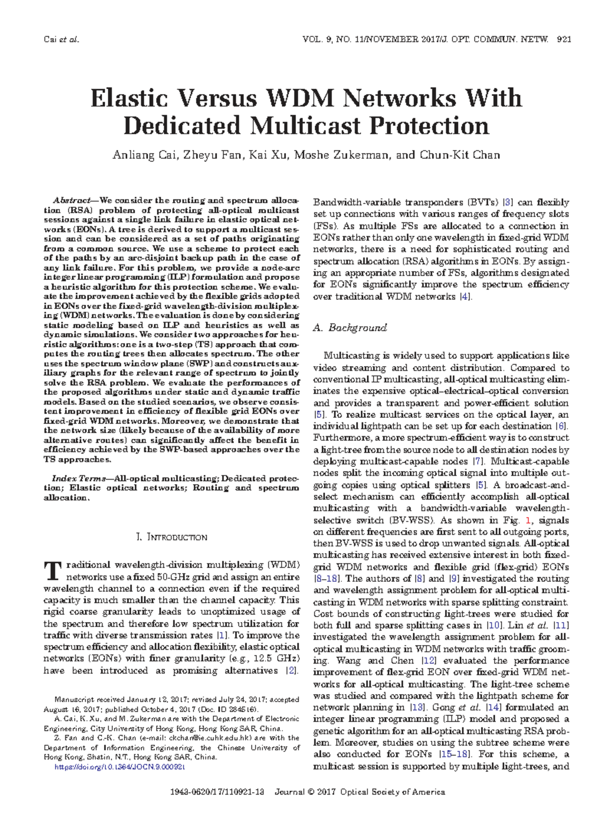 Elastic Versus WDM Networks: Dedicated Multicast Protection Analysis ...