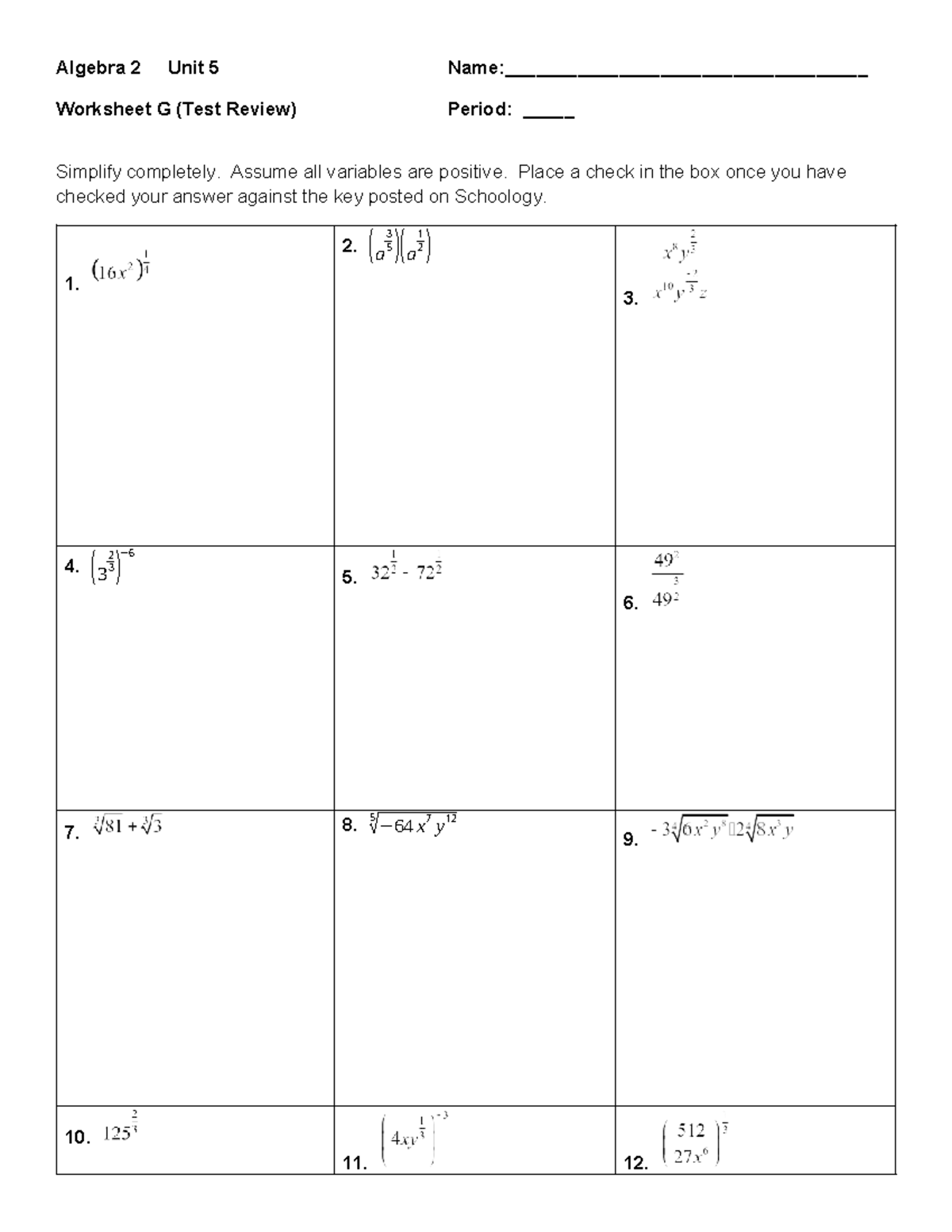 Algebra 2 Unit 5 Worksheet G (Test Review) - Simplification Guide - Studocu
