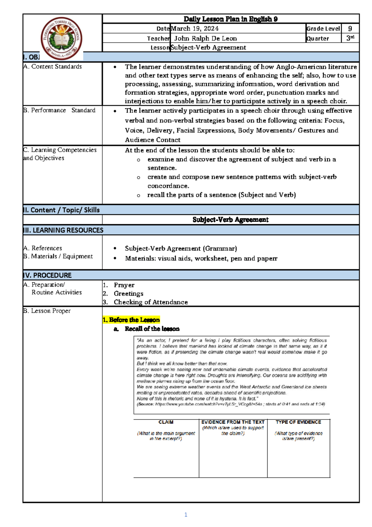 Daily Lesson Plan on Subject-Verb Agreement for English 9 - Studocu