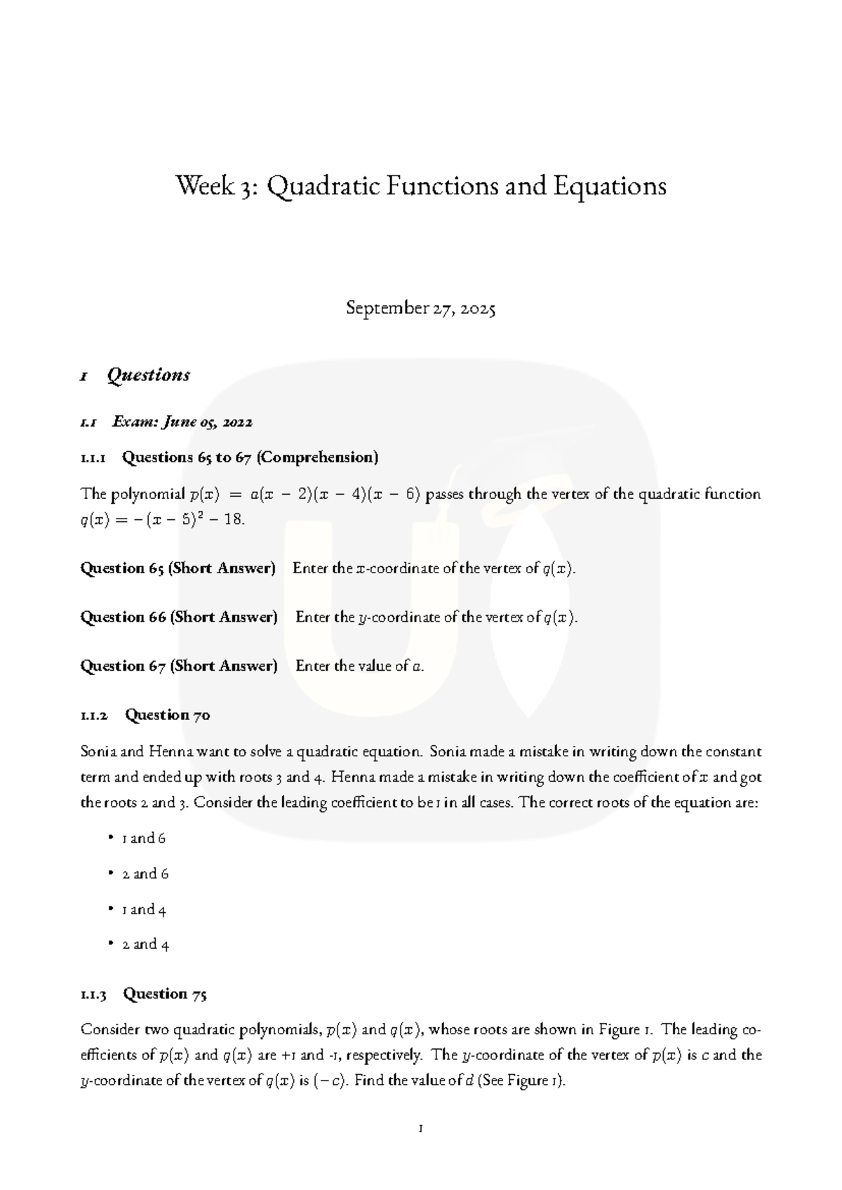 Week 3: Quadratic Functions & Equations - Exam Prep Notes - Studocu