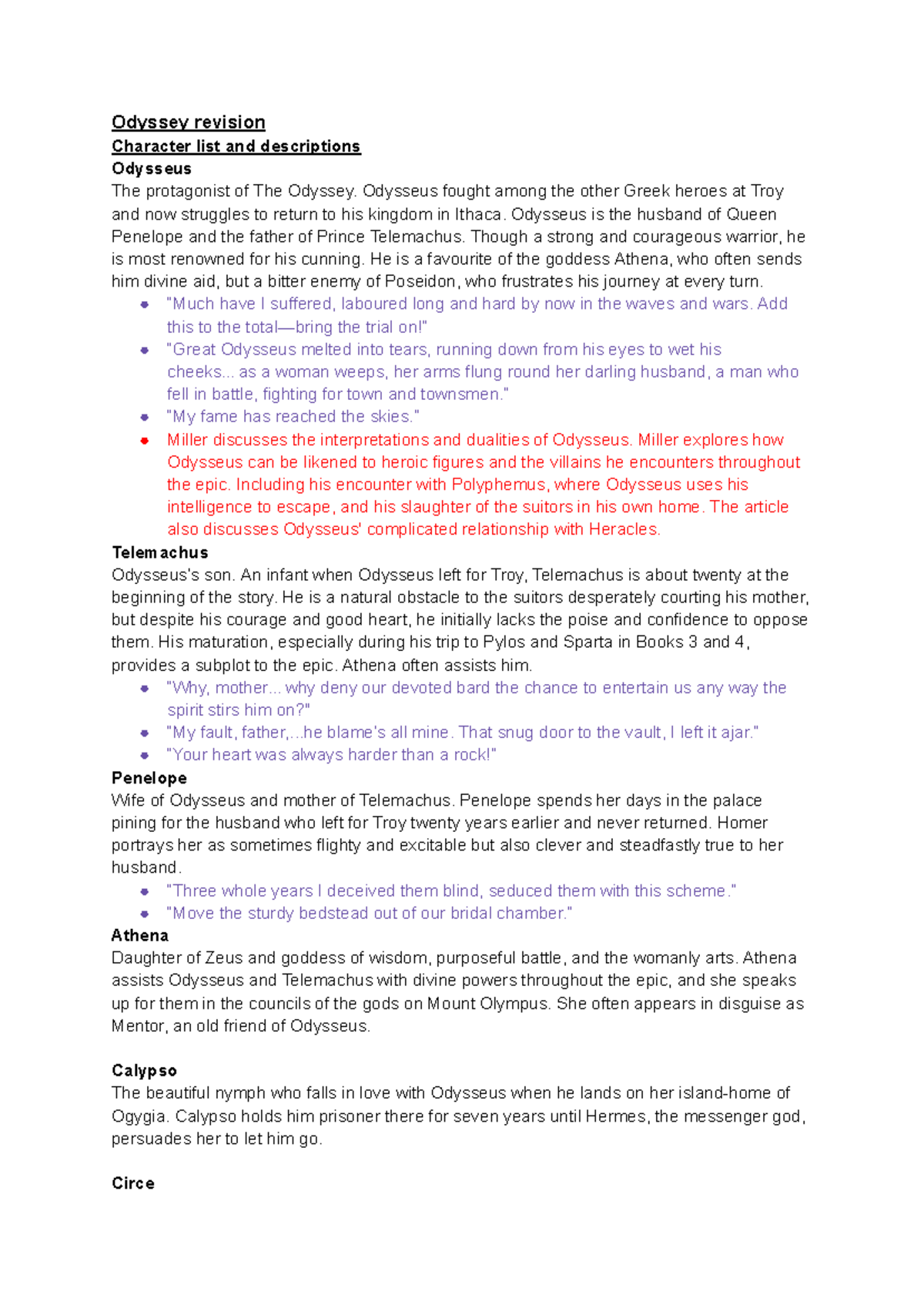 Odyssey Revision: Character Analysis, Quotes & Chapter Summaries - Studocu