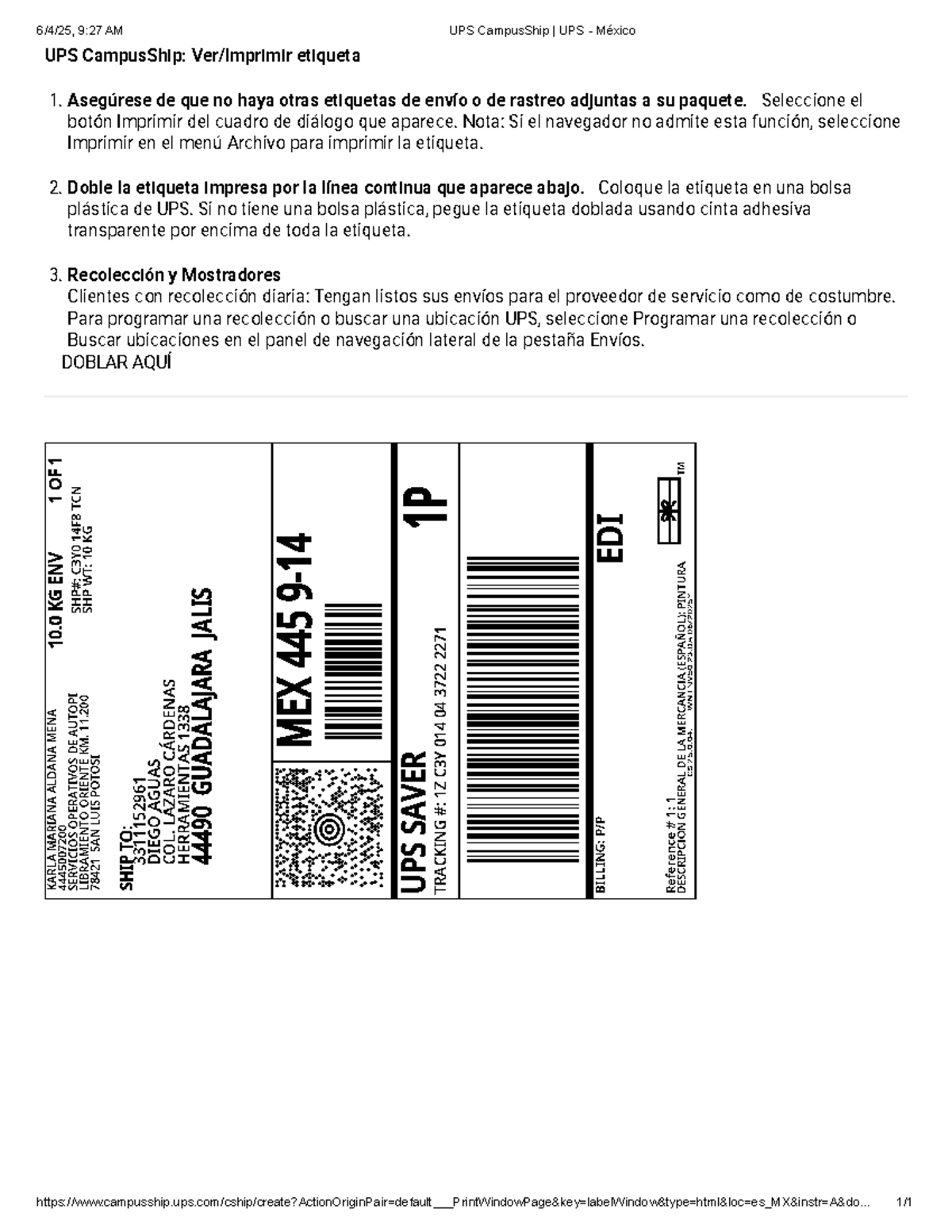 Guía de Envío: UPS CampusShip México - Instrucciones y Etiquetas - Studocu