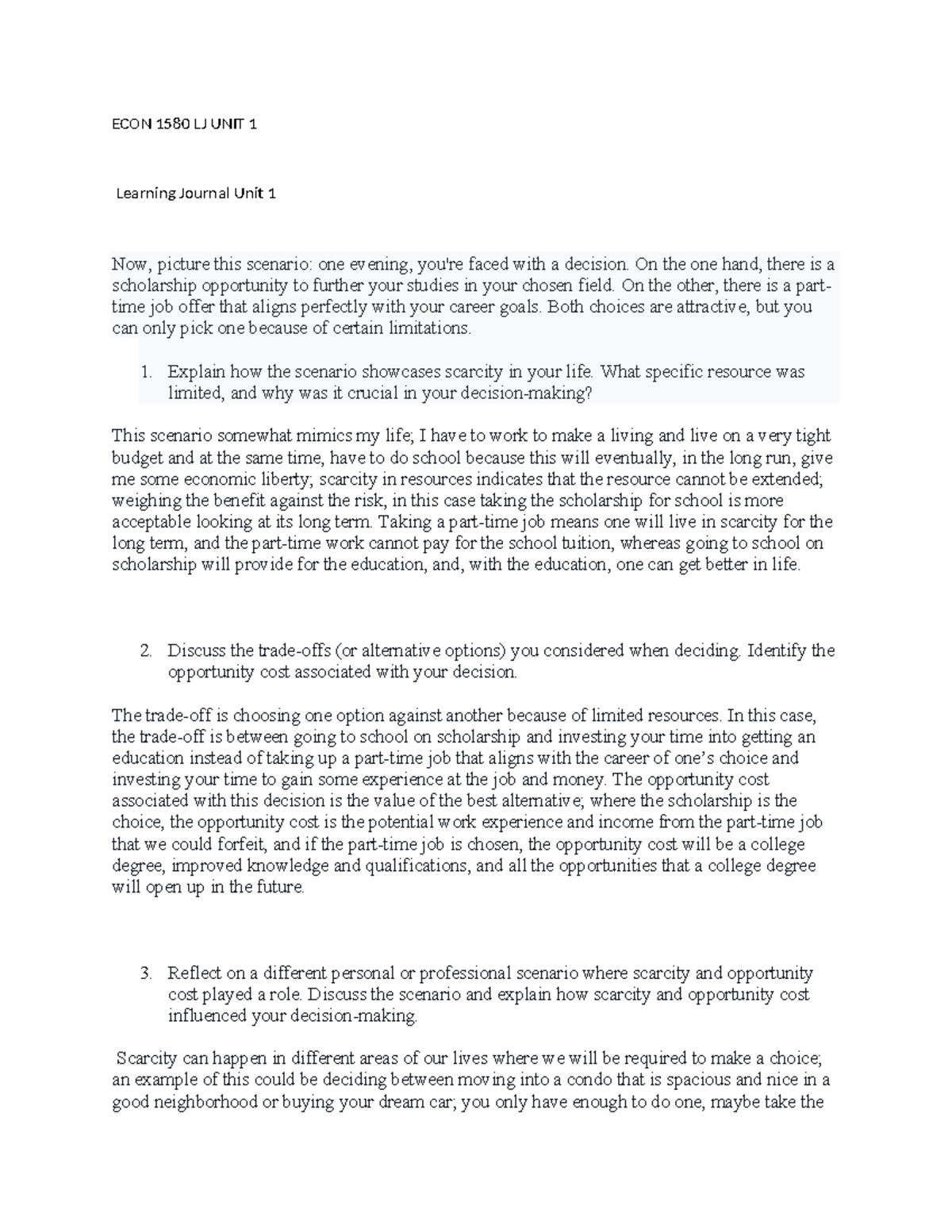 ECON 1580 LJ UNIT 1 - Exploring Scarcity and Opportunity Cost in ...