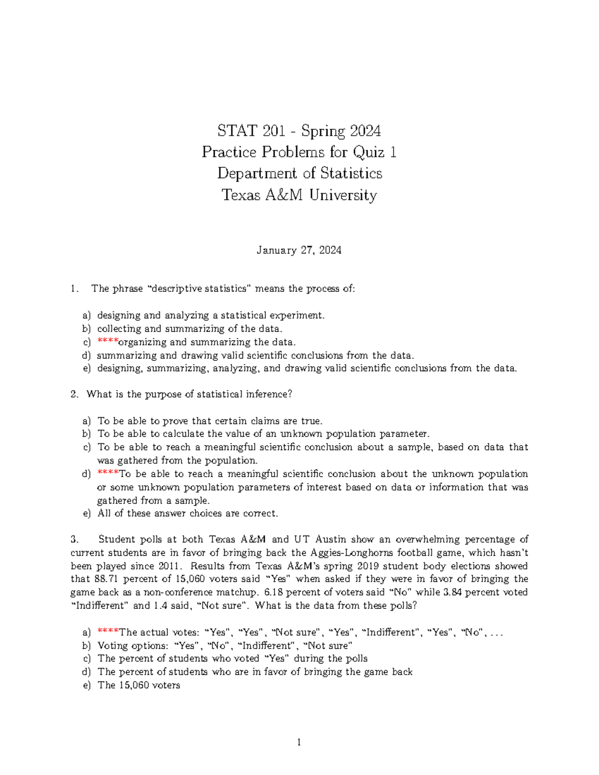 STAT 201 - Quiz 1 Practice Problems with Answer Keys (Spring 2024) - Studocu