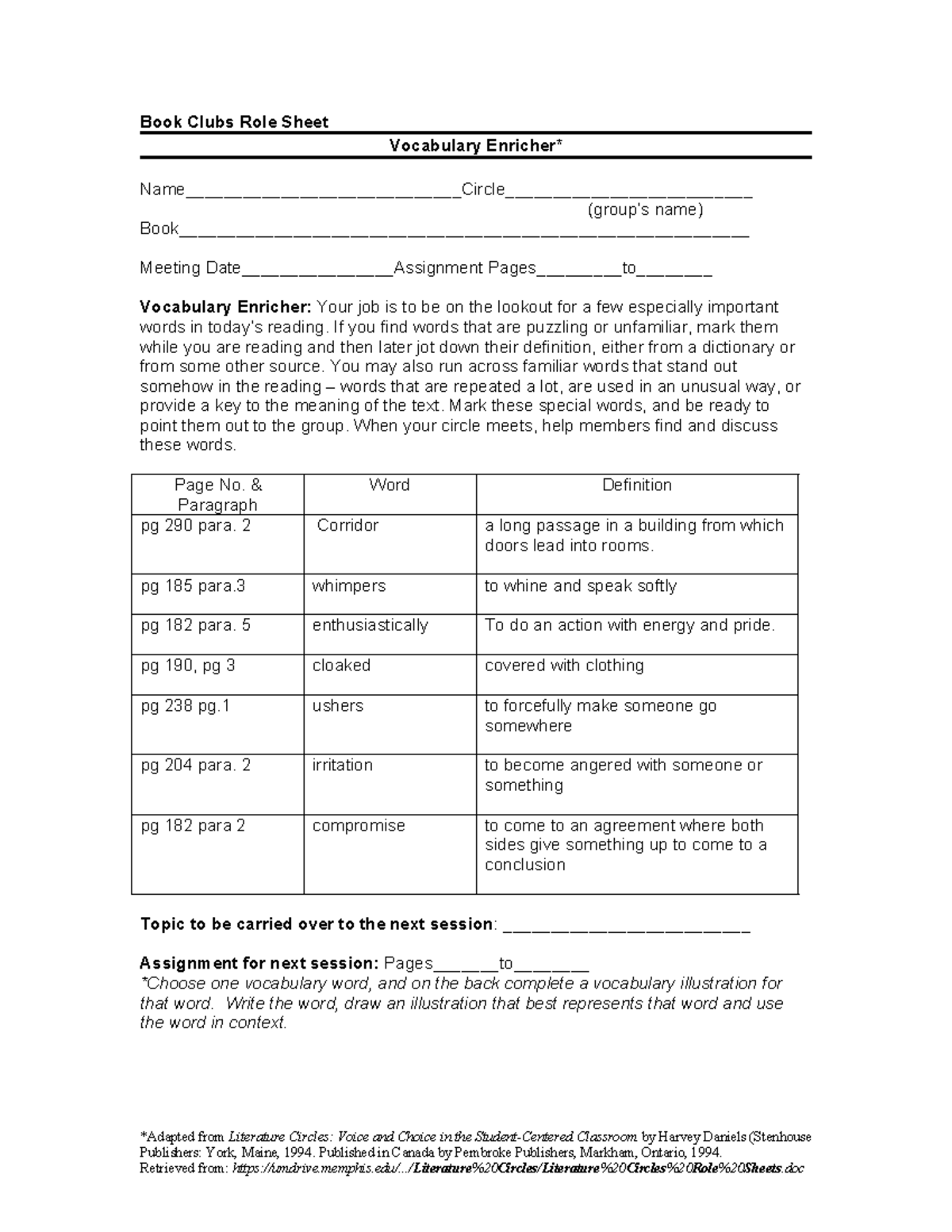 Copy of Vocabulary Enricher - Book Clubs Role Sheet Vocabulary Enricher ...