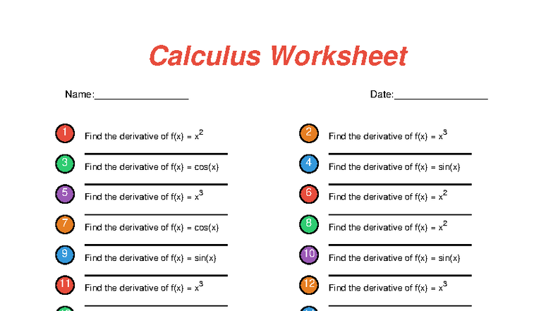 Calculus Worksheet 1: Derivatives of Functions f(x) - Studocu