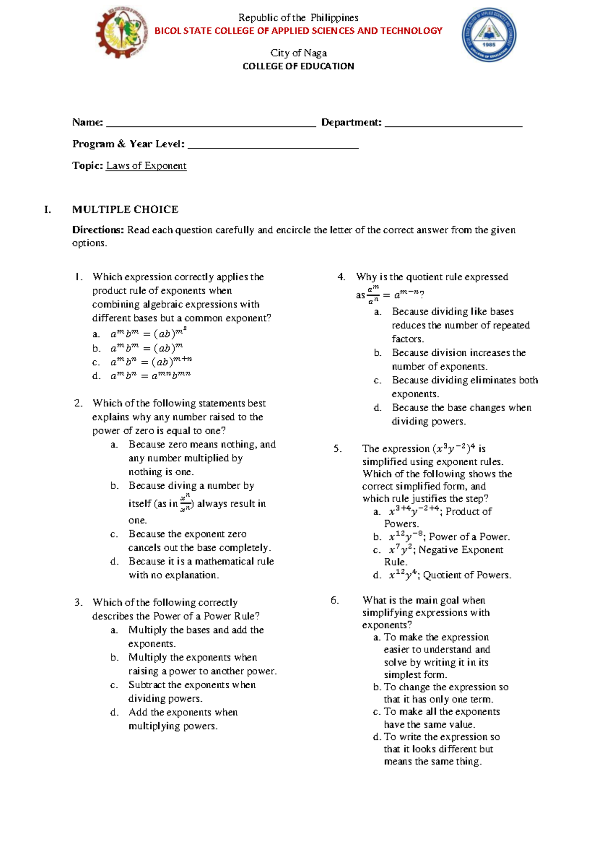 Algebra 20NA & 20ATA: Final Exam Review on Laws of Exponents - Studocu