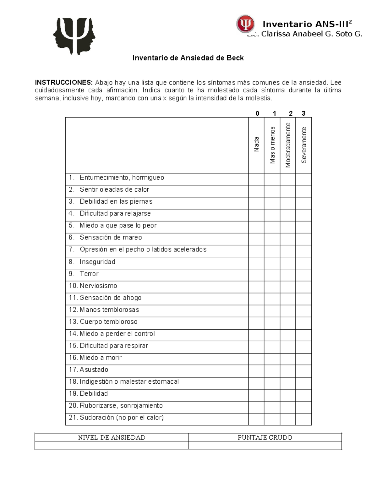 Inventario de Ansiedad de Beck - Lic. Clarissa Anabeel G. Soto G. - Studocu