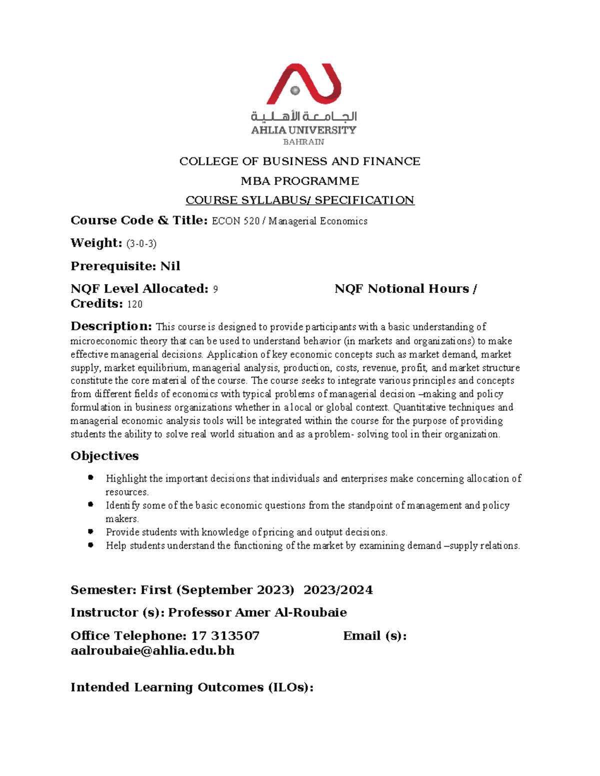 ECON 520 Syllabua First 2024 - COLLEGE OF BUSINESS AND FINANCE MBA ...