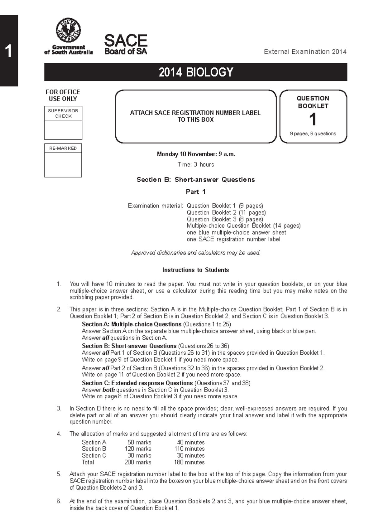 2014 Biology External Examination Paper - Short Answer Questions - Studocu