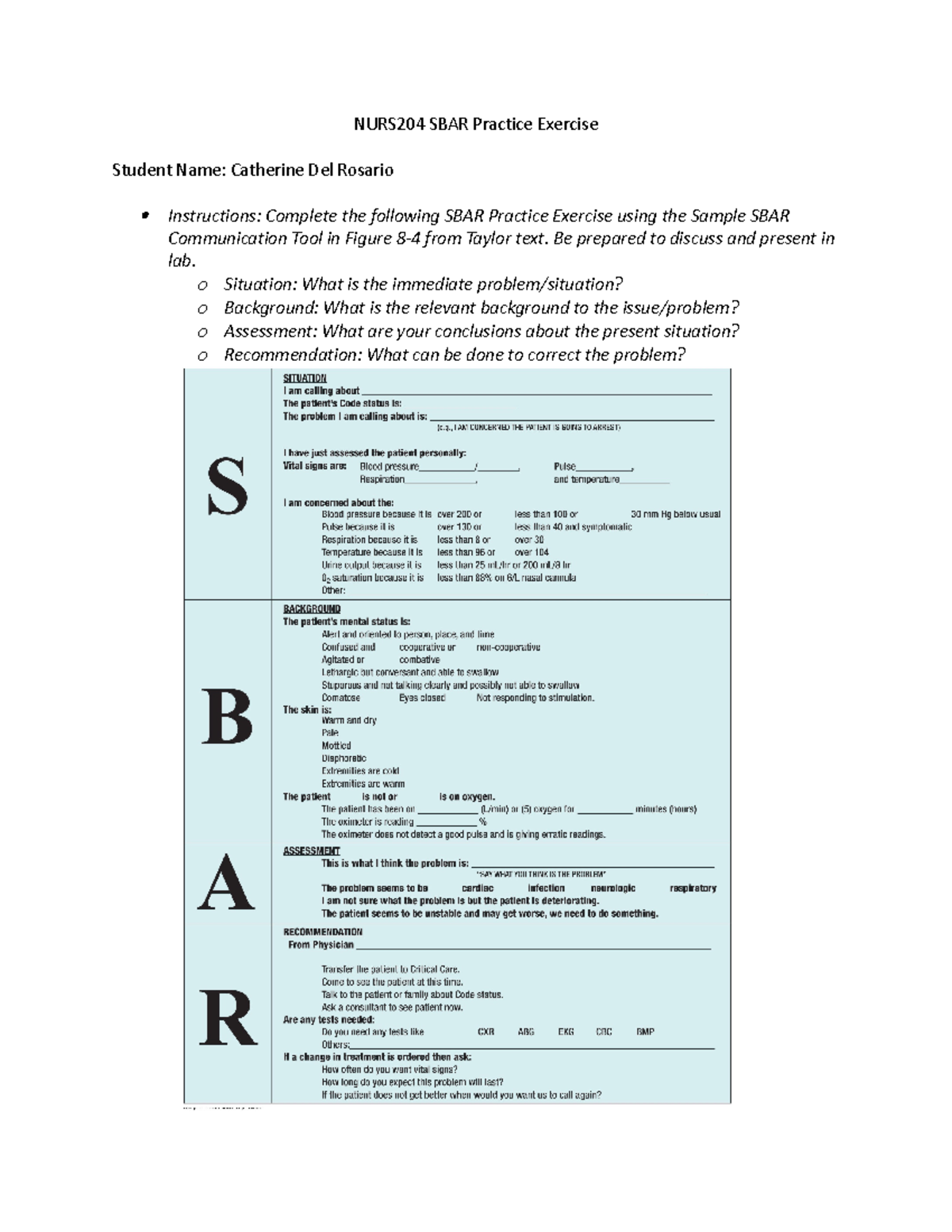 NURS204 SBAR Lab Worksheet - NURS204 SBAR Practice Exercise Student ...