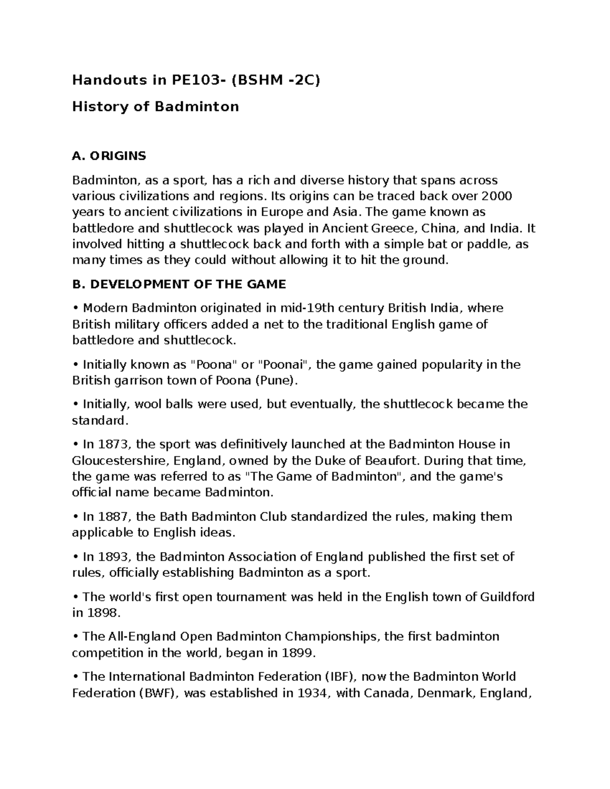 BSHM 2C: History and Development of Badminton - Studocu