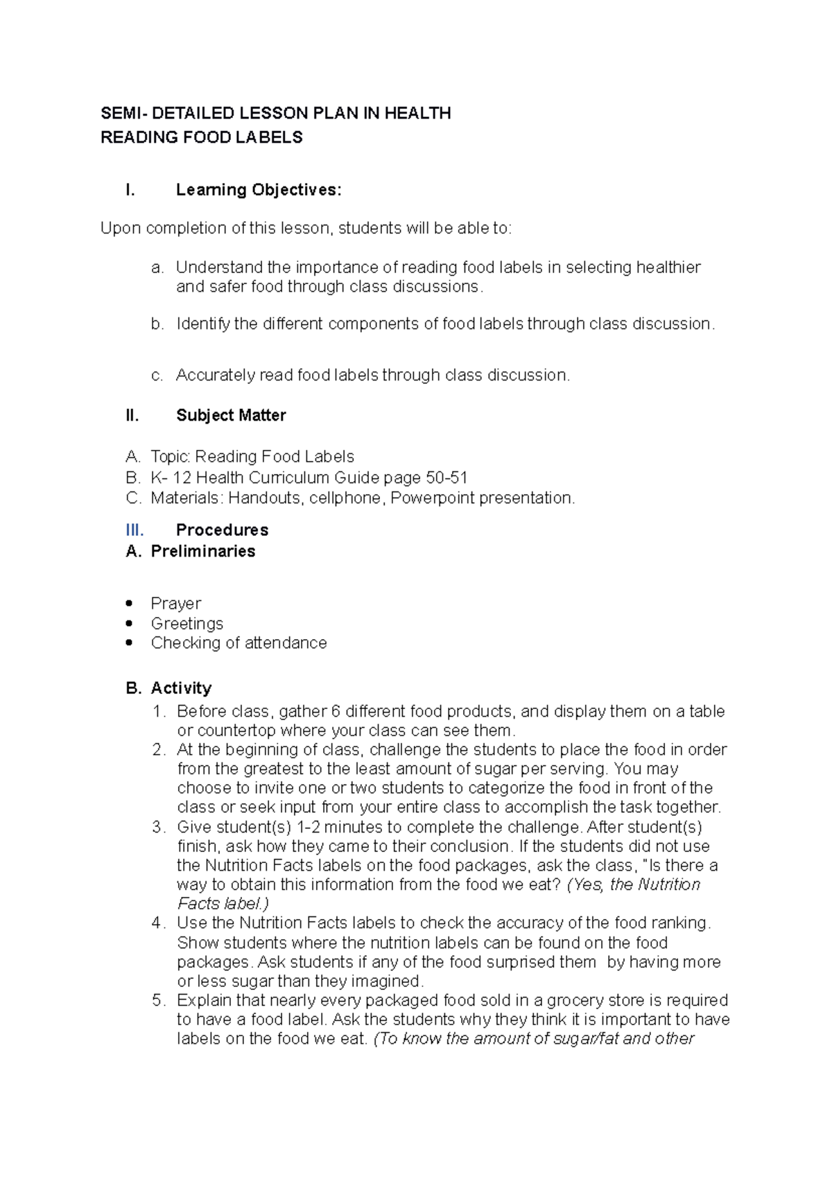 G.4 Reading food labels lesson plan - SEMI- DETAILED LESSON PLAN IN ...