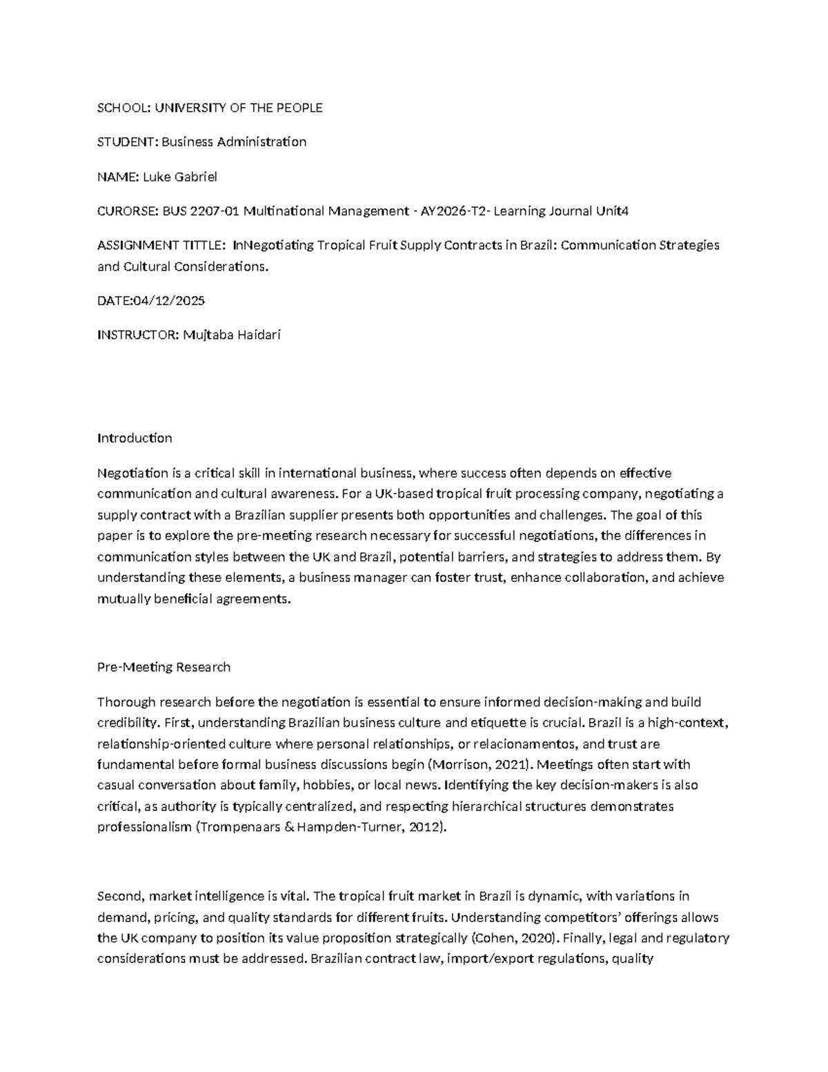 BUS 2207-01 Multinational Management: Learning Journal Unit 4 on ...