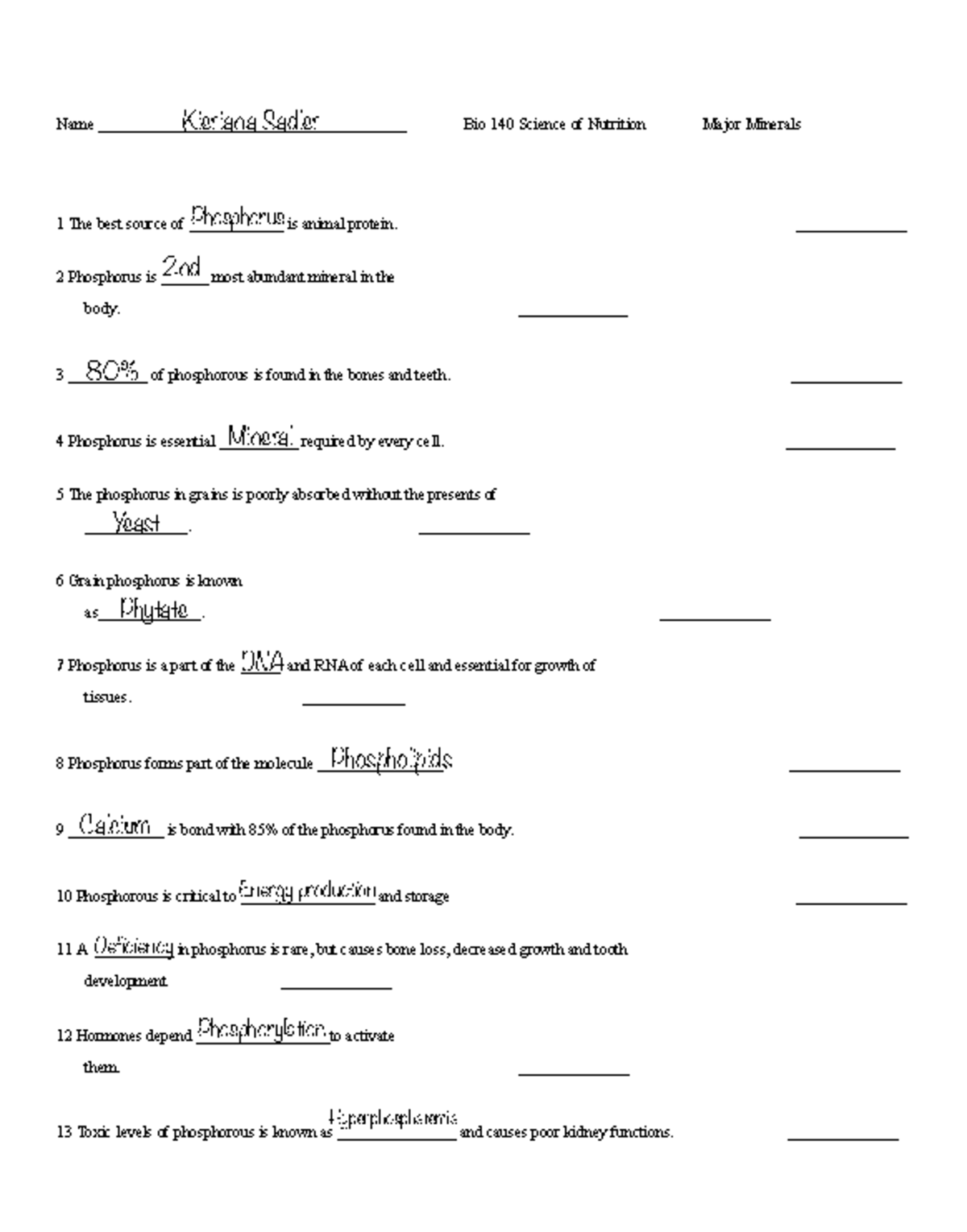 Bio 140 major mineral worksheet elearning - Name ...