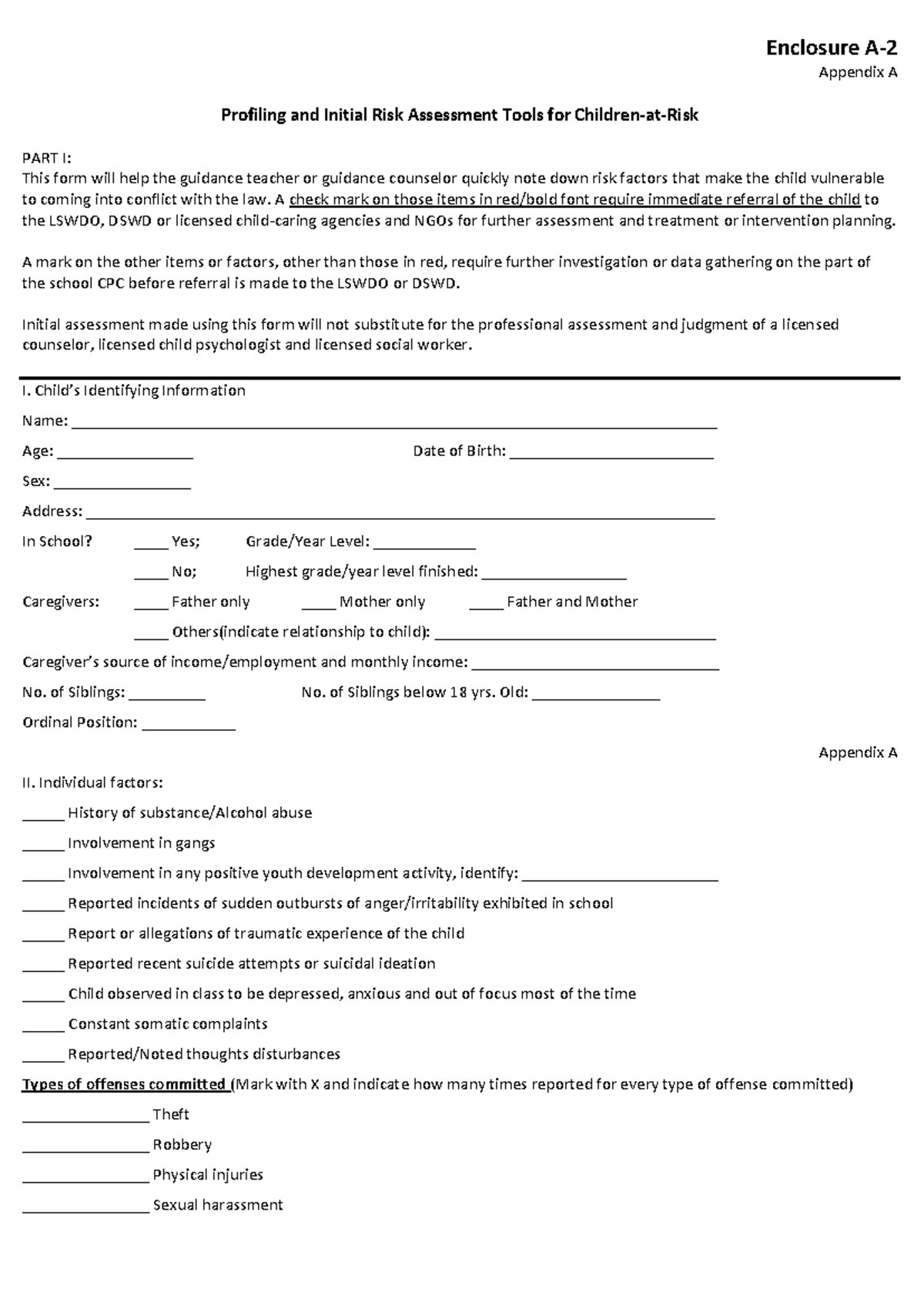 Profiling Tool for Children at Risk: Initial Assessment Guide - Studocu