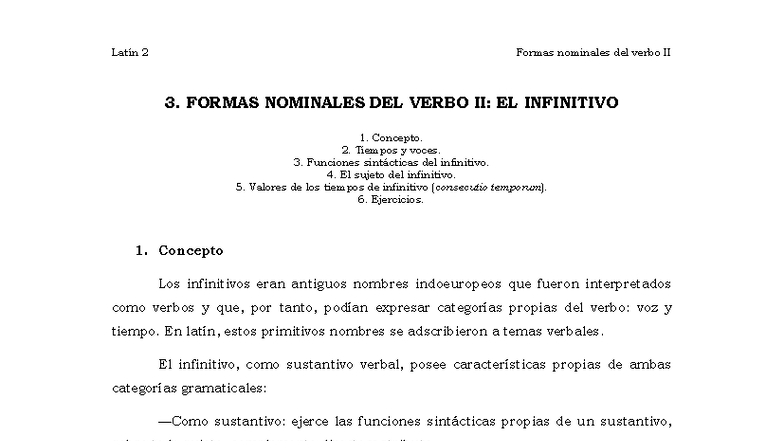 Latín 2: Formas Nominales del Verbo II - El Infinitivo - Studocu