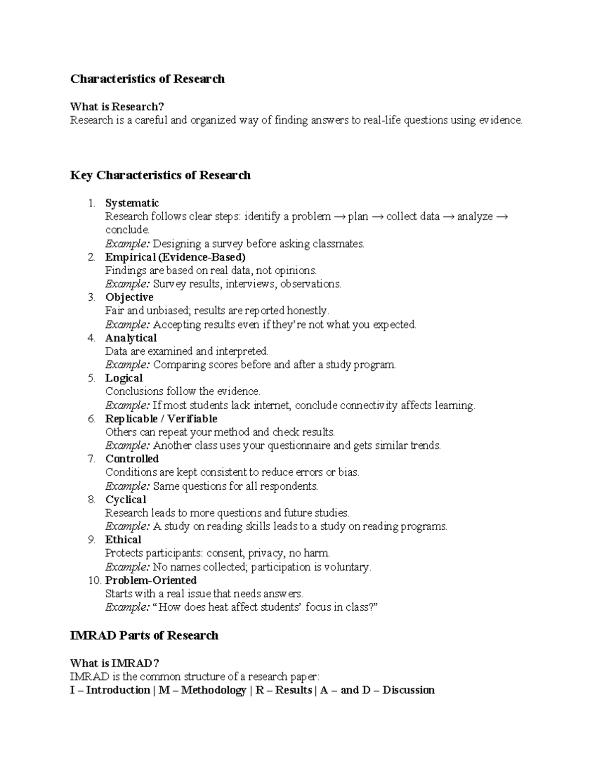 Characteristics of Research: Key Features and IMRAD Structure - Studocu