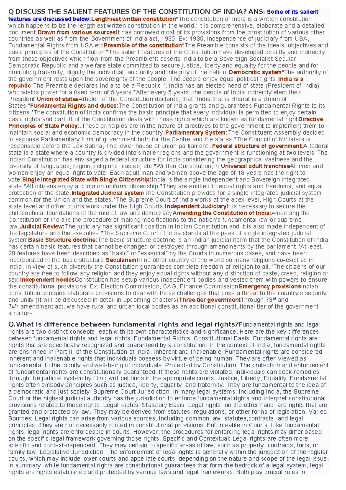 Constitution Law Exam 1: Key Features and Rights Under the Indian ...