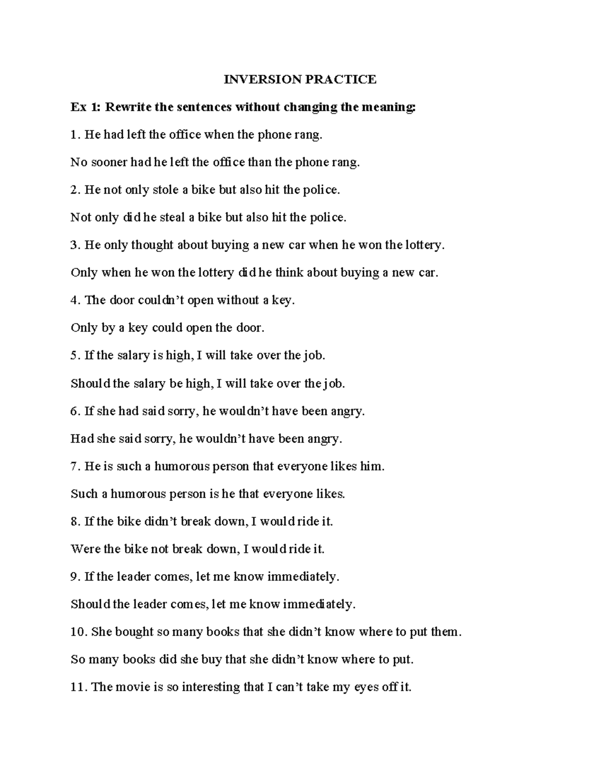 Inversion Practice Exercises: Sentence Rewrites and Questions - Studocu