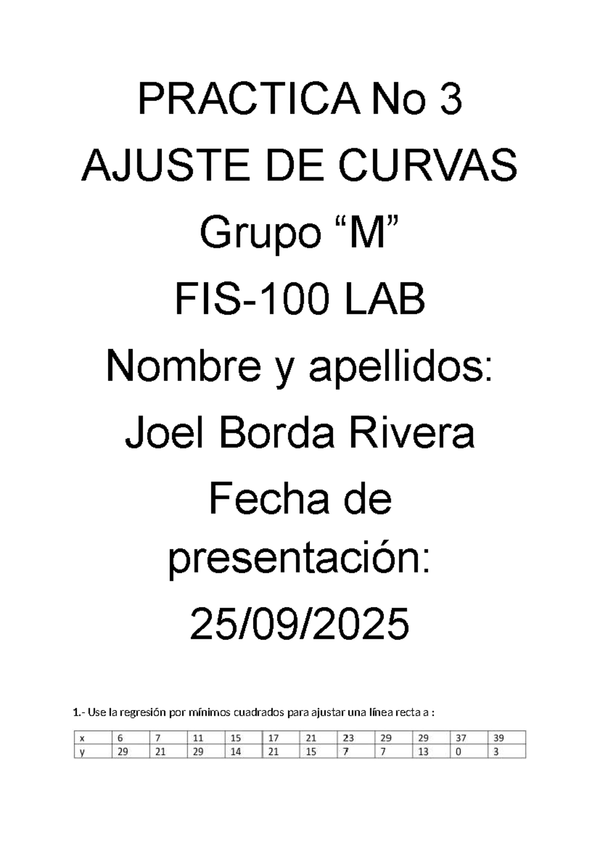 PRACTICA No 3: AJUSTE DE CURVAS Y REGRESIÓN LINEAL - Studocu