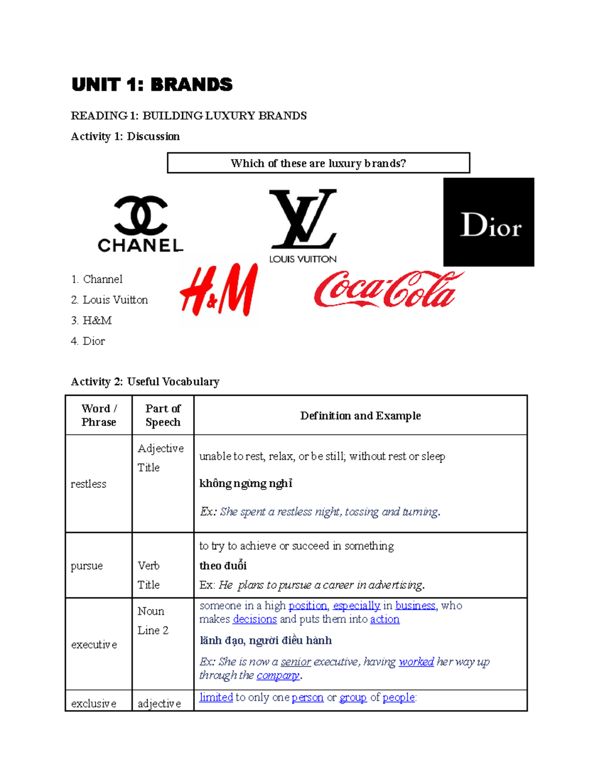 UNIT 1 - Preparation - Answer the questions - UNIT 1: BRANDS READING 1: BUILDING LUXURY BRANDS ...
