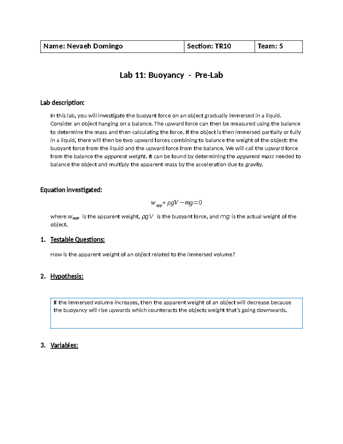 PHY111 Lab 11: Investigating Buoyancy and Apparent Weight - Studocu