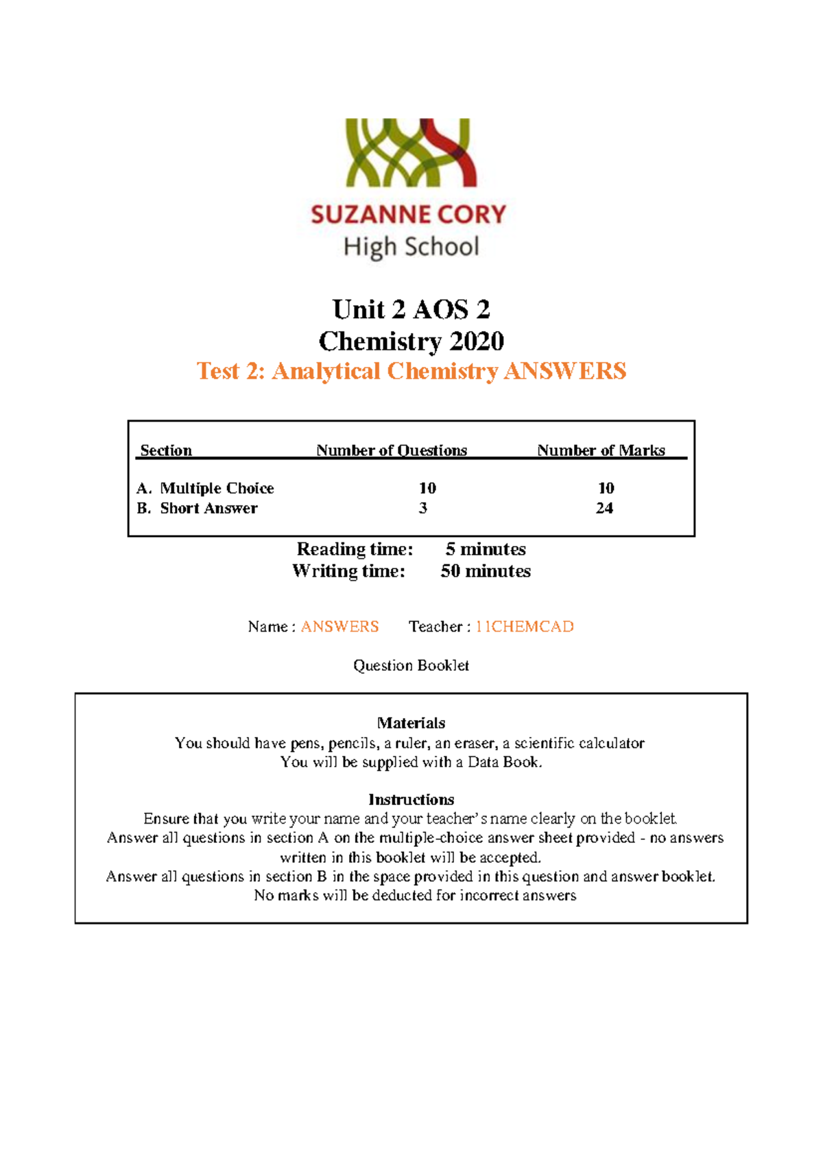 Unit 2 AOS 2 Chemistry 2020 Test 2: Analytical Chemistry Solutions ...