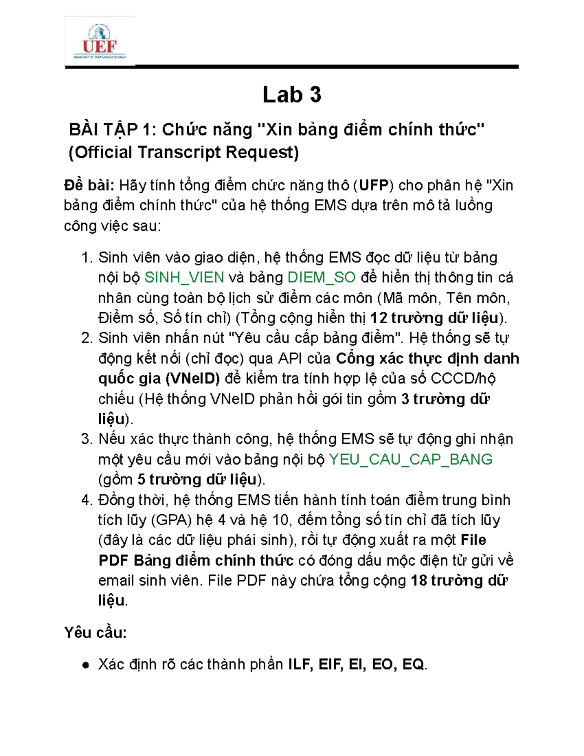 Lab 3 - BÀI TẬP 1 & 2: Tính UFP và AFP cho Hệ thống EMS - Studocu