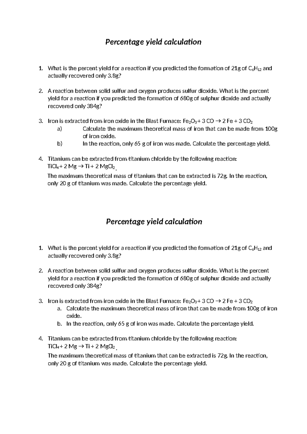 Percentage Yield Calculations Worksheet for Chemistry 101 - Studocu