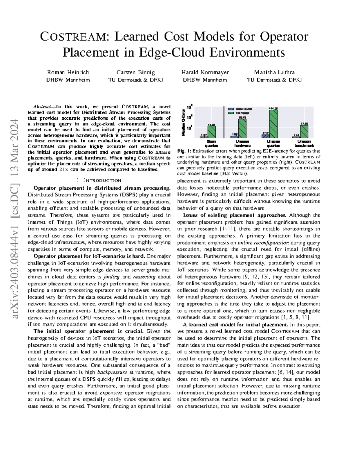 C OSTREAM: Learned Cost Model for Initial Operator Placement in DSPS - Studocu