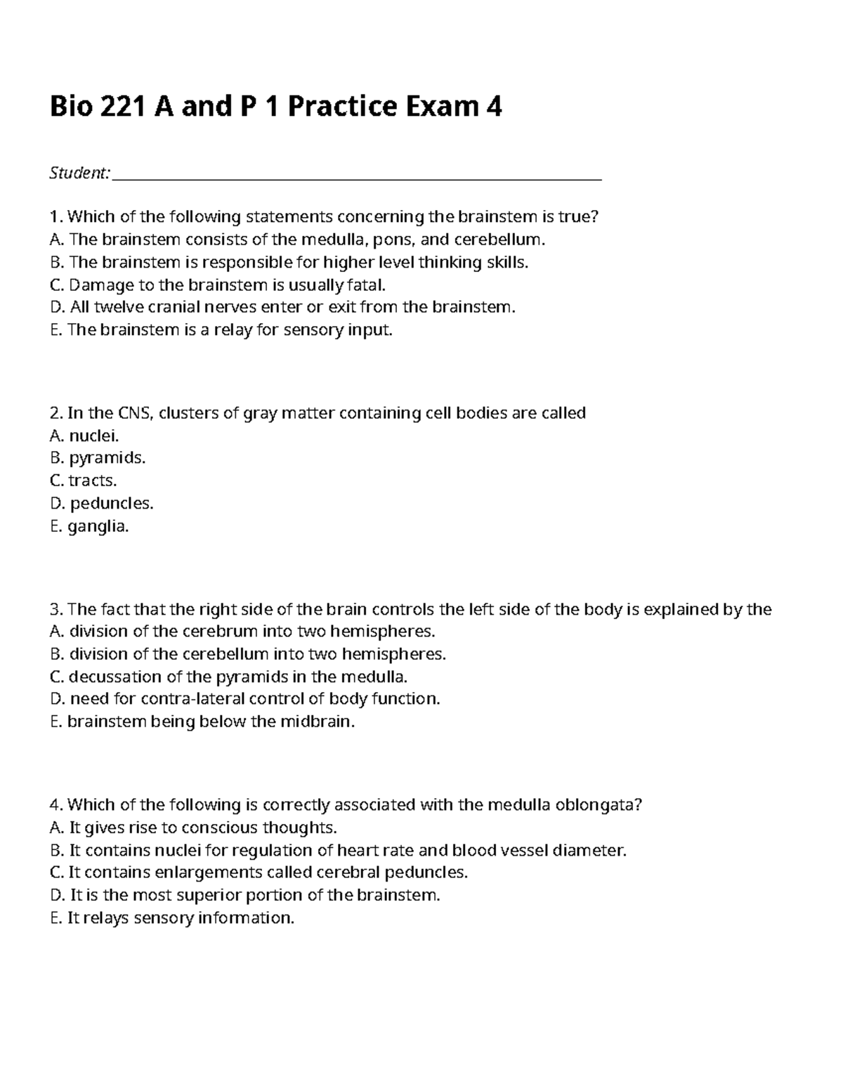 Biog 221 A&P 1 Spring 2025 Practice Exam 4 Review - Studocu