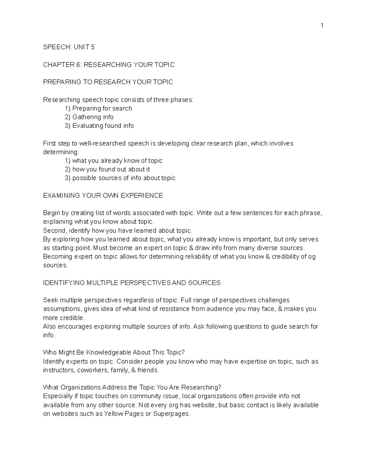 Speech UNIT 5: Researching Your Topic from Chapter 6 Notes - Studocu