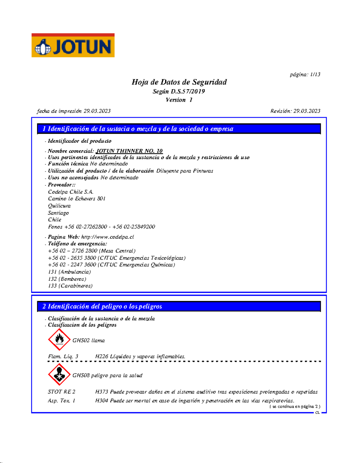 Hoja De Datos De Seguridad Jotun Thinner No 10 Cl 5 5 0 1 1