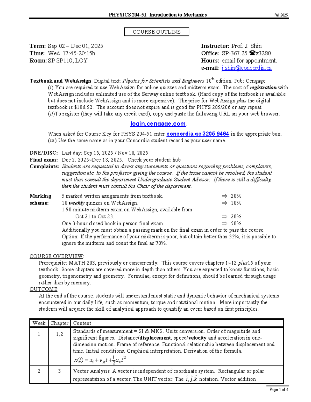 PHYS 204 Introduction to Mechanics Fall 2025 Course Outline - Studocu