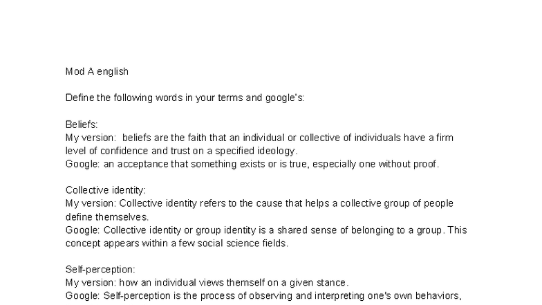 Mod A English: Concept Recap on Beliefs and Identity Definitions - Studocu