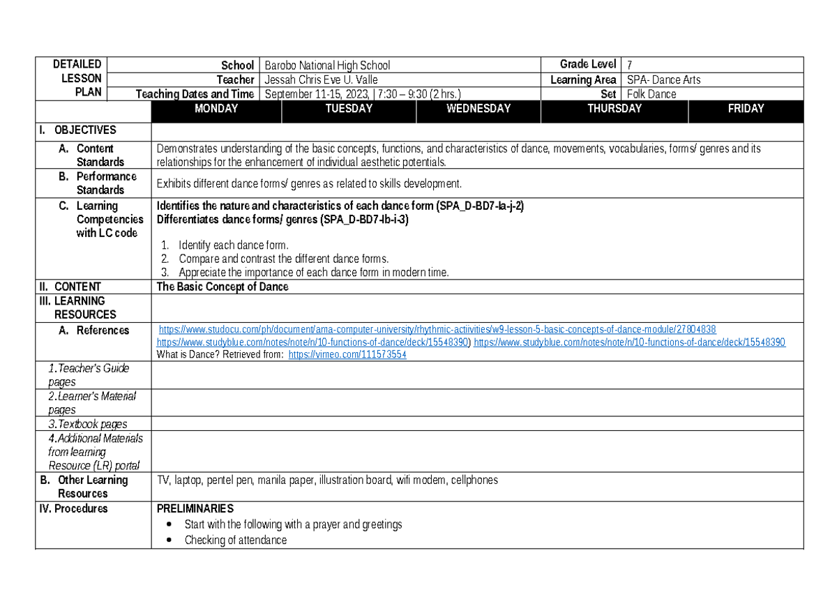 SPA-Dance 7 Lesson Plan W3 (Sept 11-15, 2023) - Folk Dance - Studocu