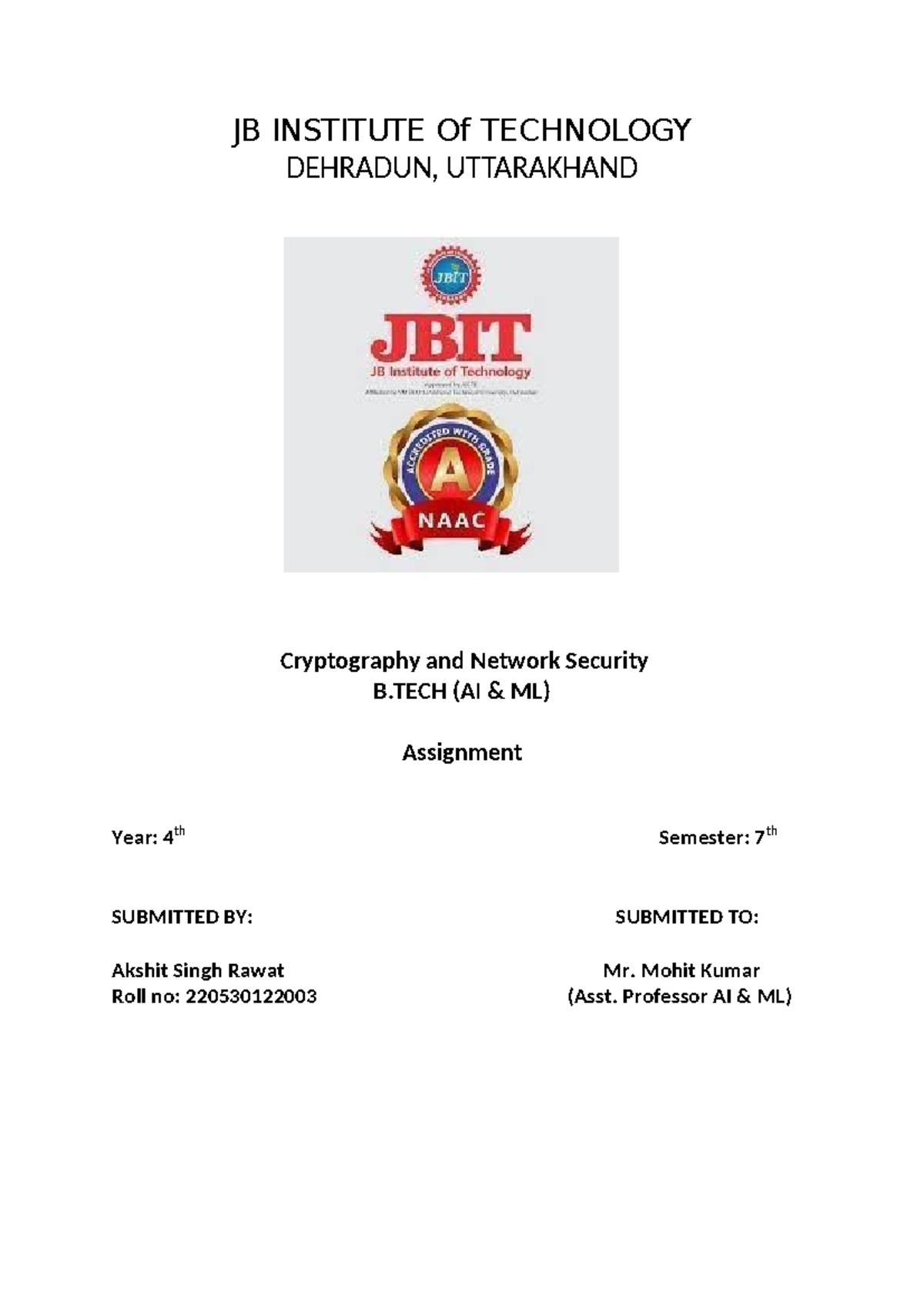 Cryptography and Network Security Assignment - B.TECH (AI ML) - Studocu