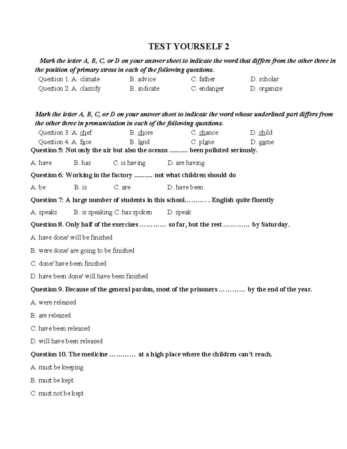 TEST CUỐI KỲ 2 LỚP 12: Kiểm Tra Từ Vựng và Ngữ Pháp - Studocu