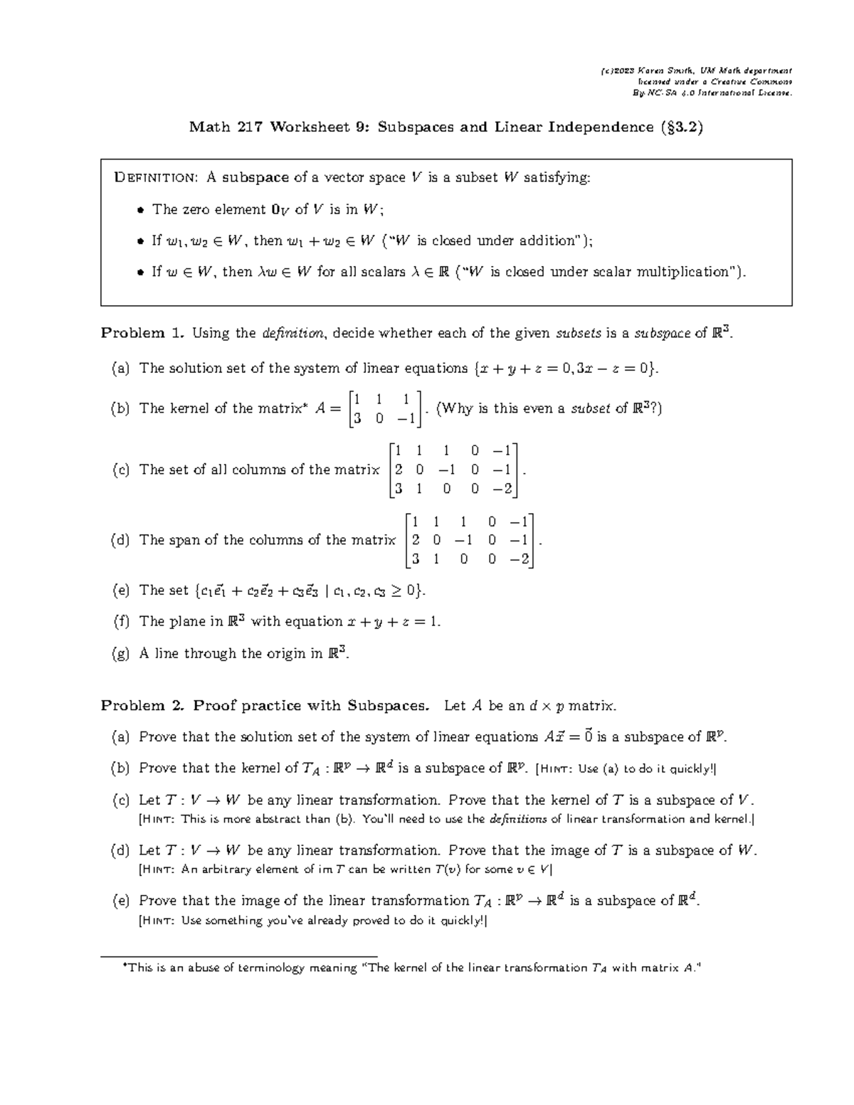 Math 217 Worksheet 9: Subspaces & Linear Independence - Studocu