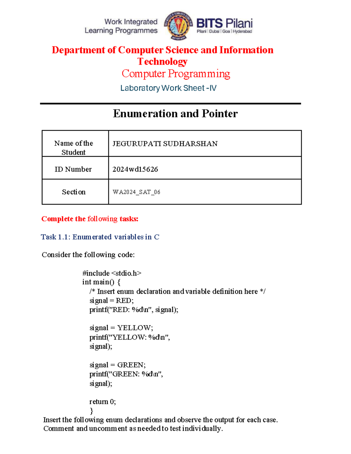 Lab 4: C Programming Lab Worksheet - Enumeration & Pointers (CP) - Studocu