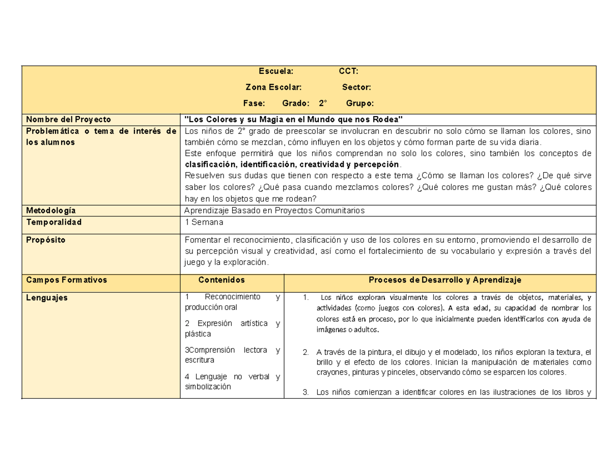 Colores y su Magia: Proyecto ABP para Preescolar CCT - Studocu