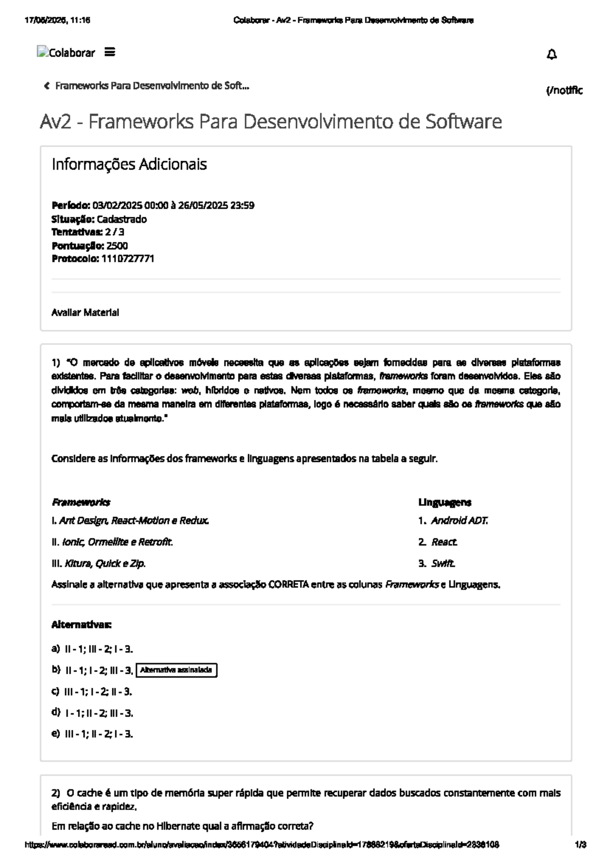 Av2 - Frameworks para Desenvolvimento de Software: Análise e Questões - Studocu