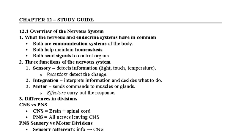 CHAPTER 12 STUDY GUIDE: Overview of the Nervous System and Neurons ...