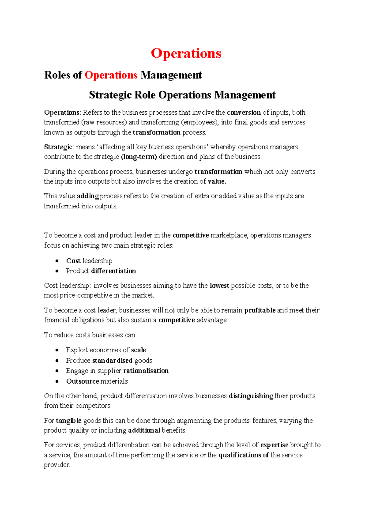 Operations Management: Strategic Roles and Processes Overview - Studocu