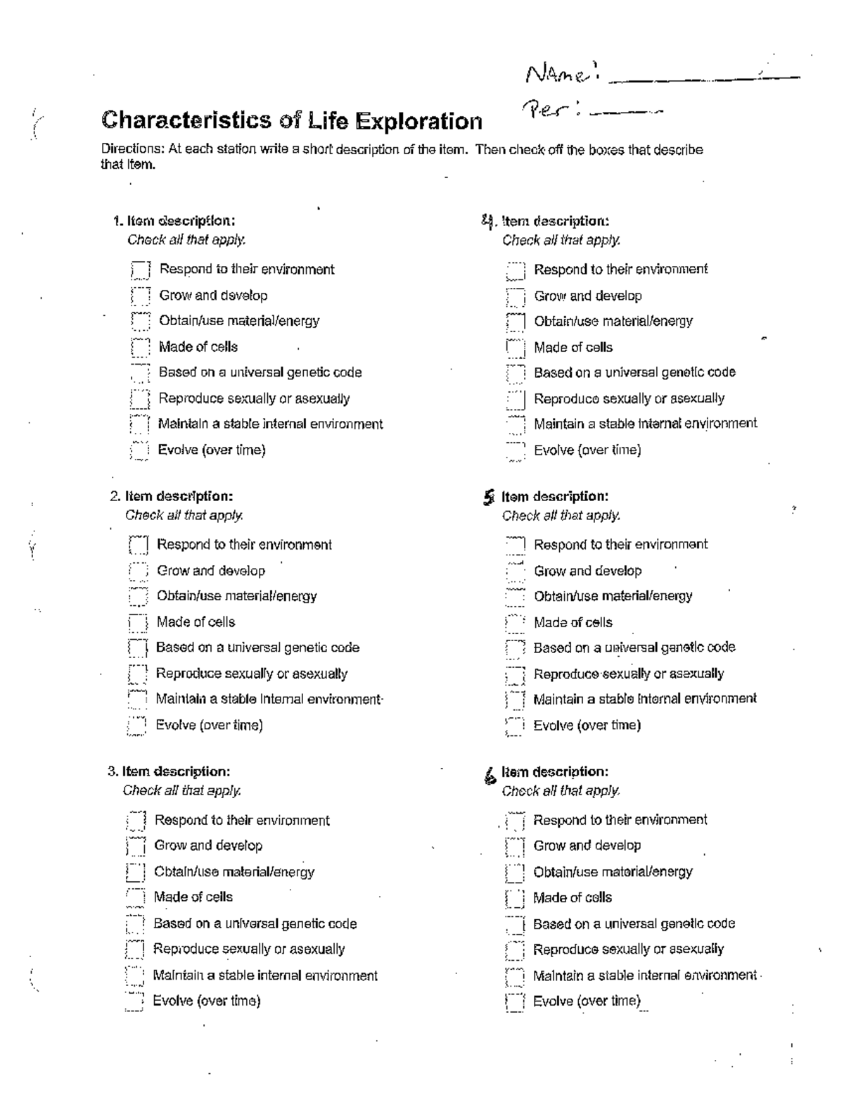 Characteristics of life activity - NAme : Per : Characteristics of Life ...