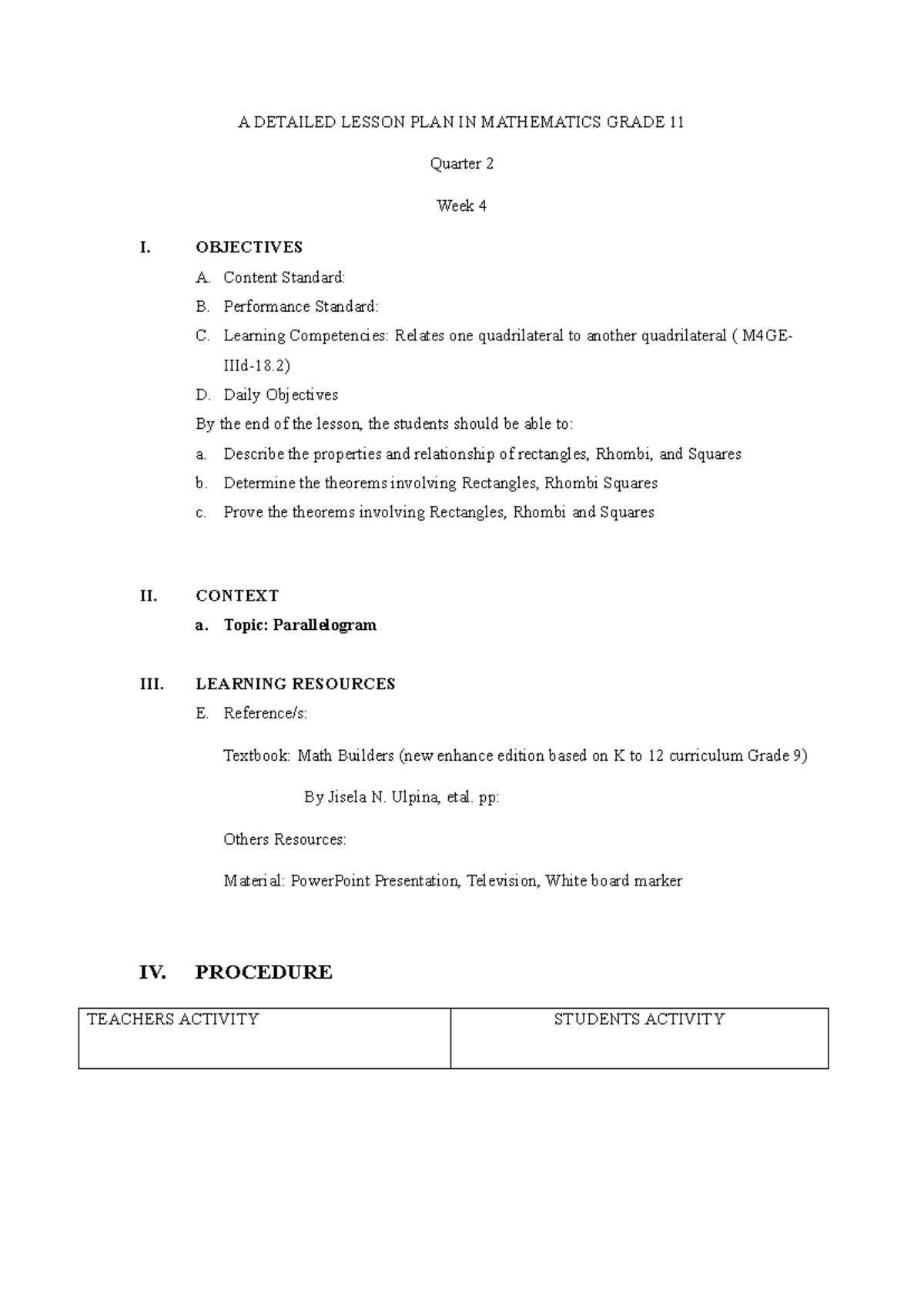 Grade 11 Mathematics Lesson Plan: Understanding Rectangles and Theorems ...