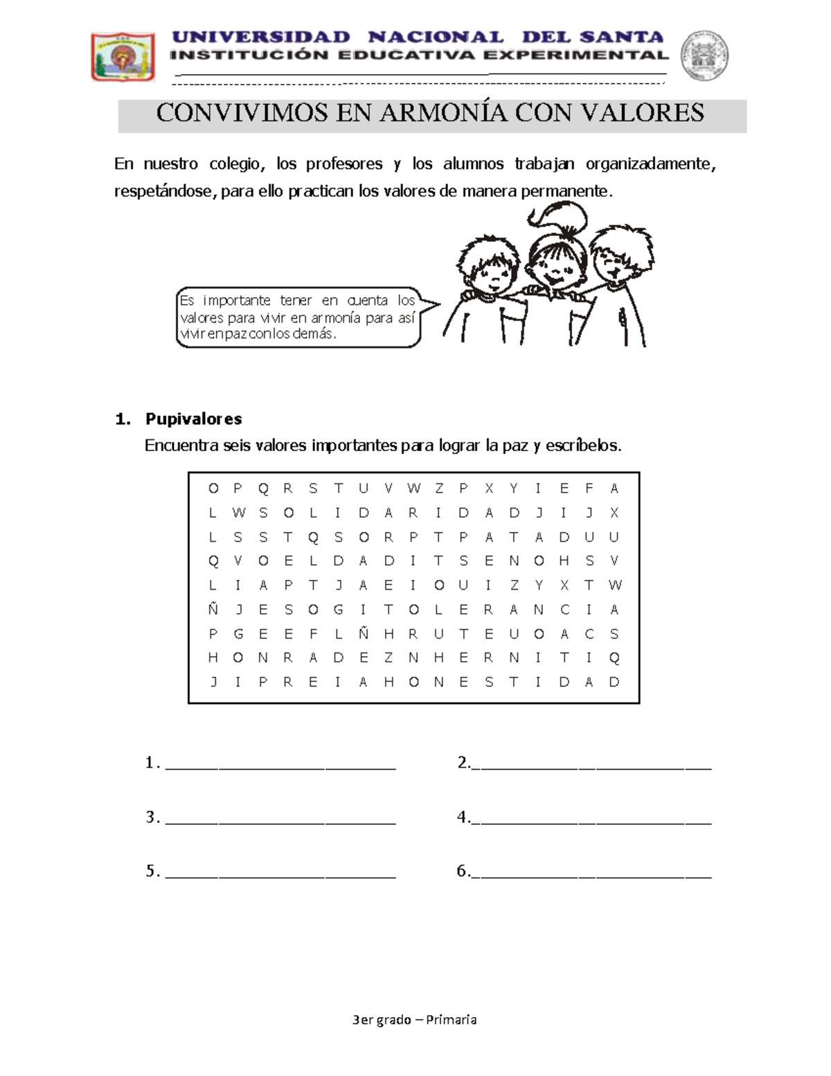 Valores para la Armonía y la Paz en 3er Grado - Primaria - Studocu