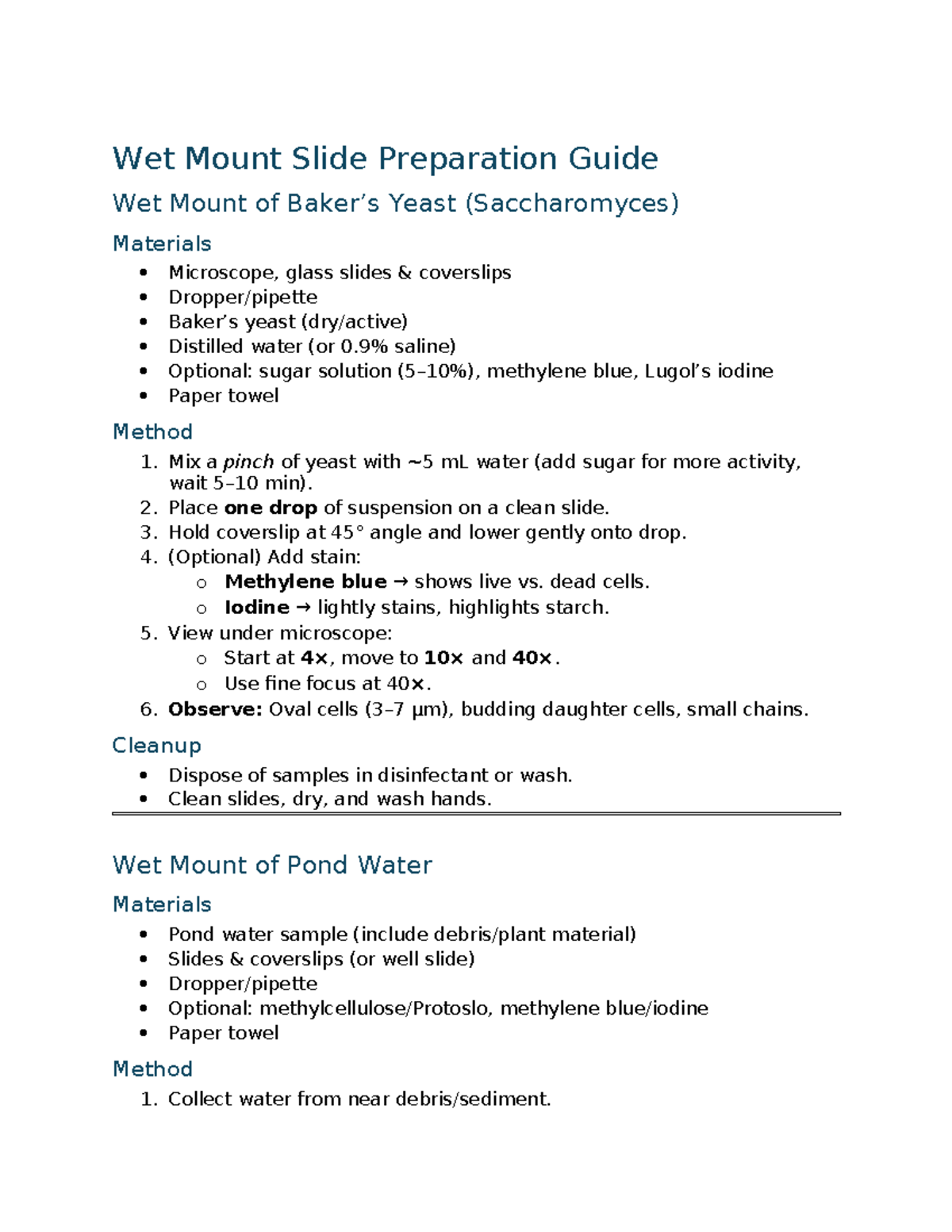 Wet Mount Slide Preparation Guide for Yeast and Pond Water - Studocu
